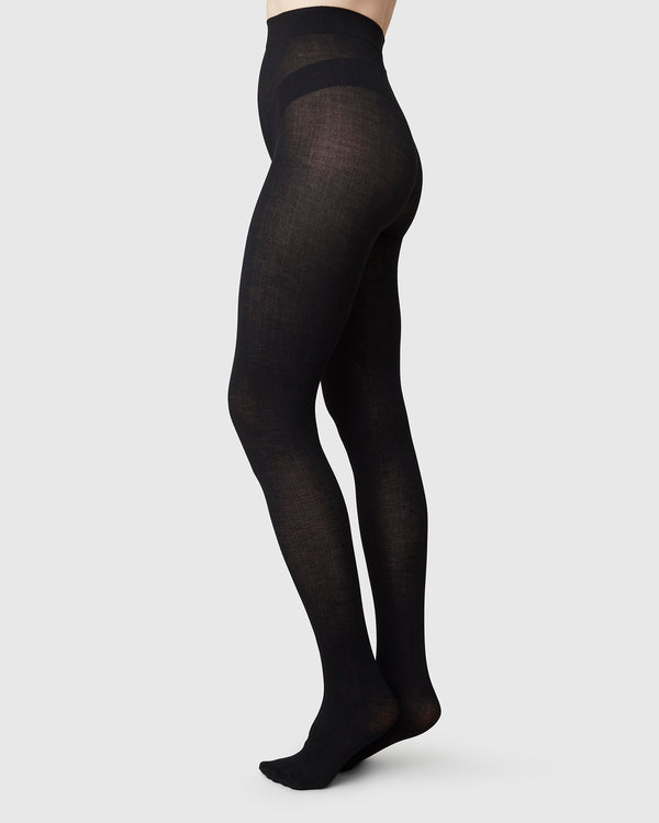 Ylva Fishbone Wool Tights - Black - Fou22